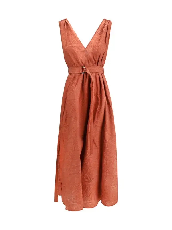 Brunello Cucinelli Midi Dress With Floral Motif And Belted Detail - Red