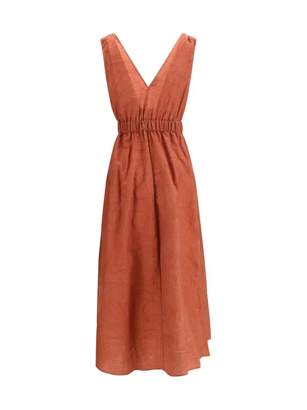 Brunello Cucinelli Midi Dress With Floral Motif And Belted Detail - Red