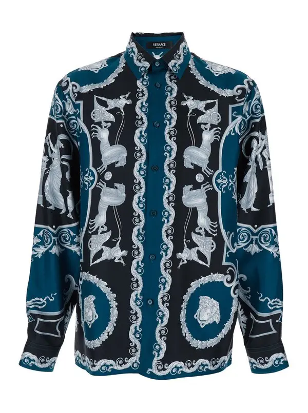 Versace Blue Shirt With Classic Collar And All-over Print In Silk - Multicolor