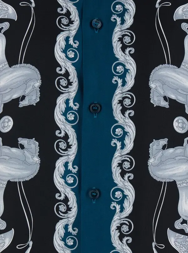 Versace Blue Shirt With Classic Collar And All-over Print In Silk - Multicolor