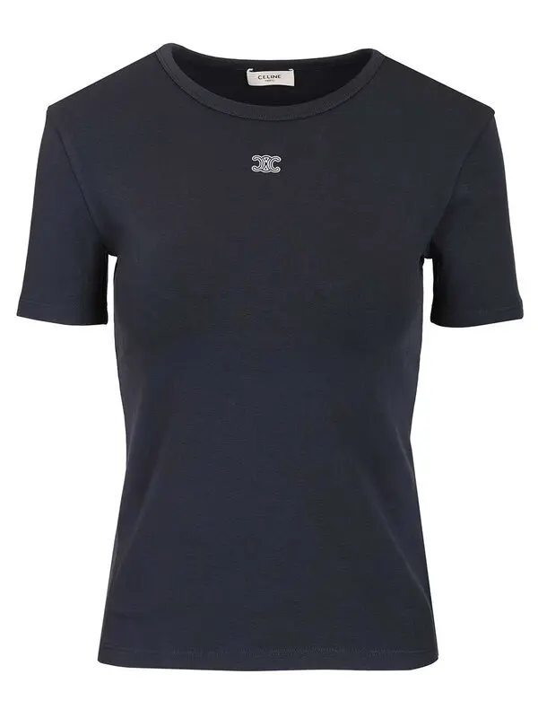 Celine Triomphe Embroidered Ribbed Cotton T-shirt