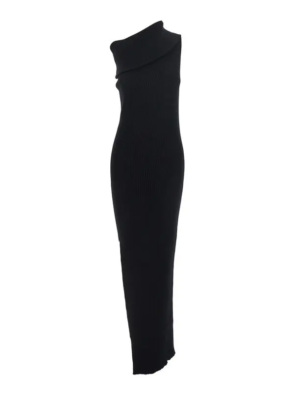 Rick Owens Ribbed Knit Asymmetric Long Dress - Black