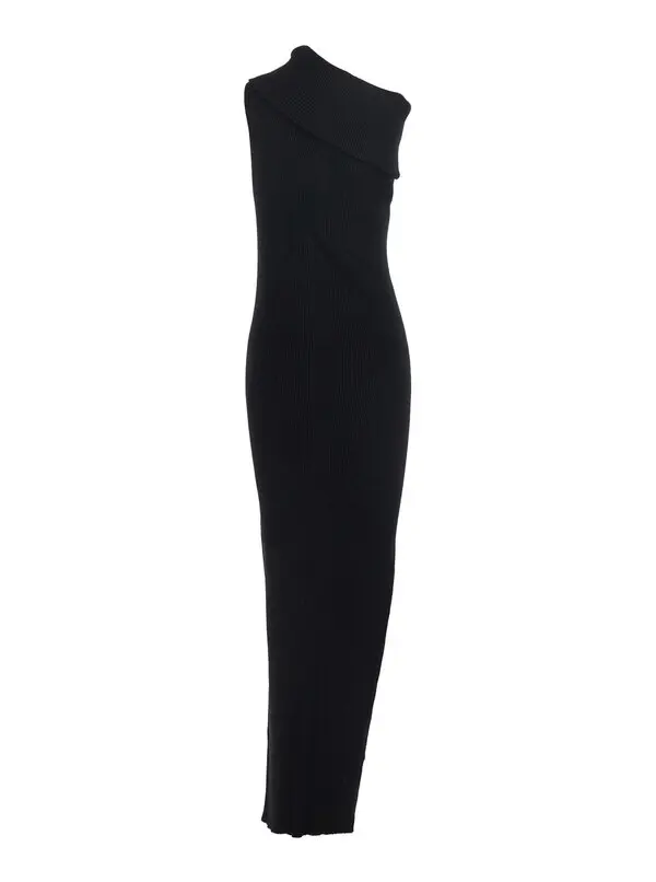Rick Owens Ribbed Knit Asymmetric Long Dress - Black