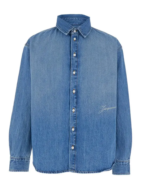 Jacquemus Simon' Light Blue Shirt With Classic Collar And Logo Lettering Embroidery On The Front In Denim For - Multicolor