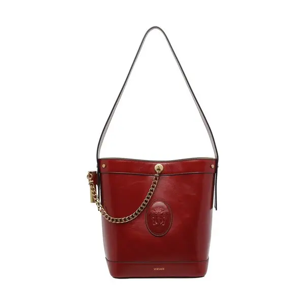 Versace Leather Bucket Bag With Chain Strap - Red