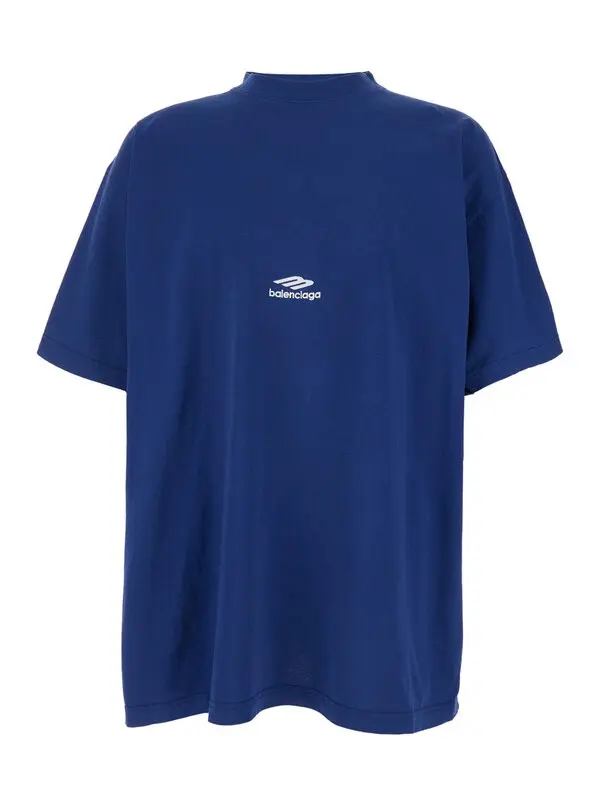 Balenciaga Blue Tshirt With Logo On Front And Maxi Logo On Back In Cotton