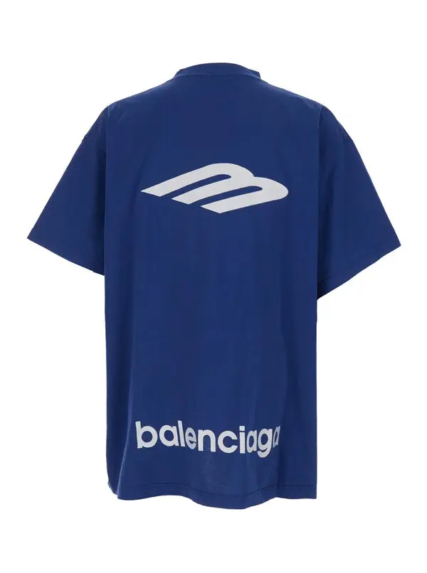 Balenciaga Blue Tshirt With Logo On Front And Maxi Logo On Back In Cotton