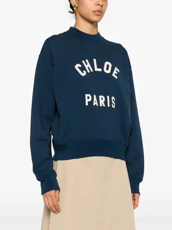 Chloé Mock Neck Cotton Fleece Logo Sweater - Blue