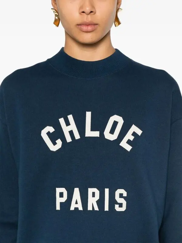 Chloé Mock Neck Cotton Fleece Logo Sweater - Blue