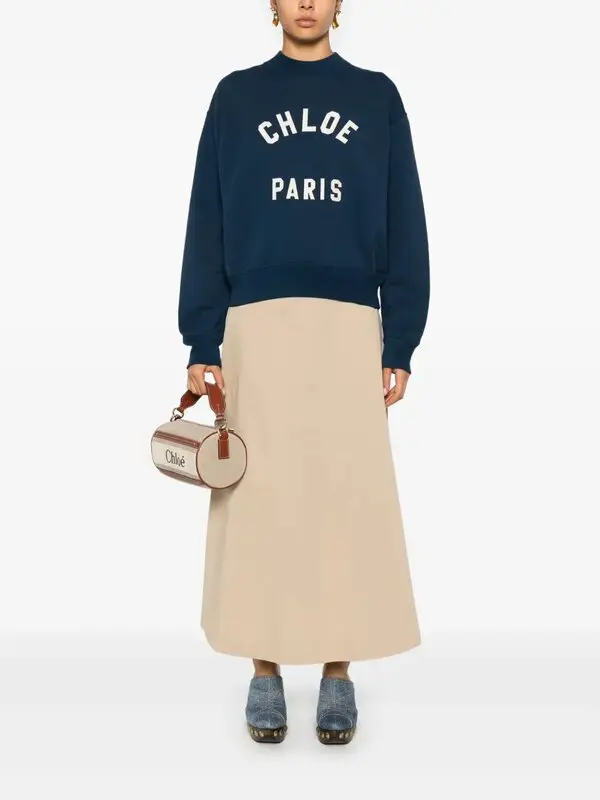 Chloé Mock Neck Cotton Fleece Logo Sweater - Blue