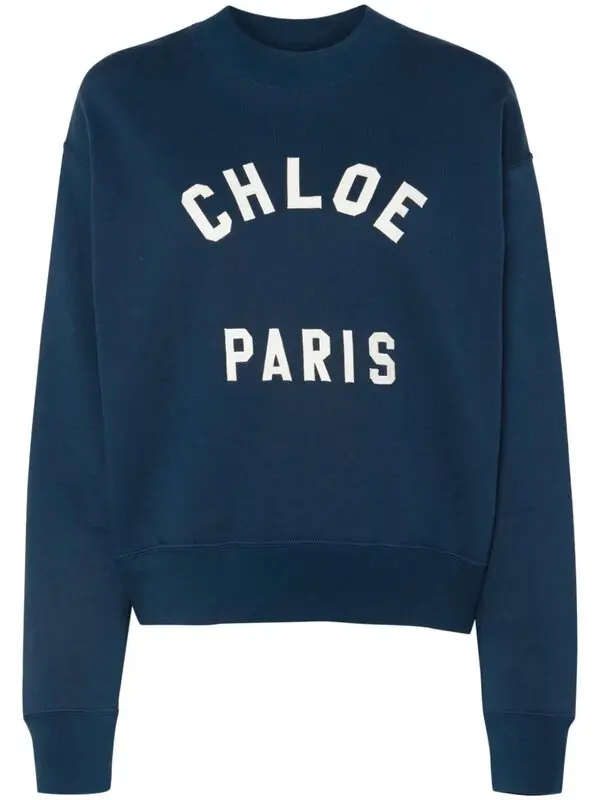 Chloé Mock Neck Cotton Fleece Logo Sweater - Blue