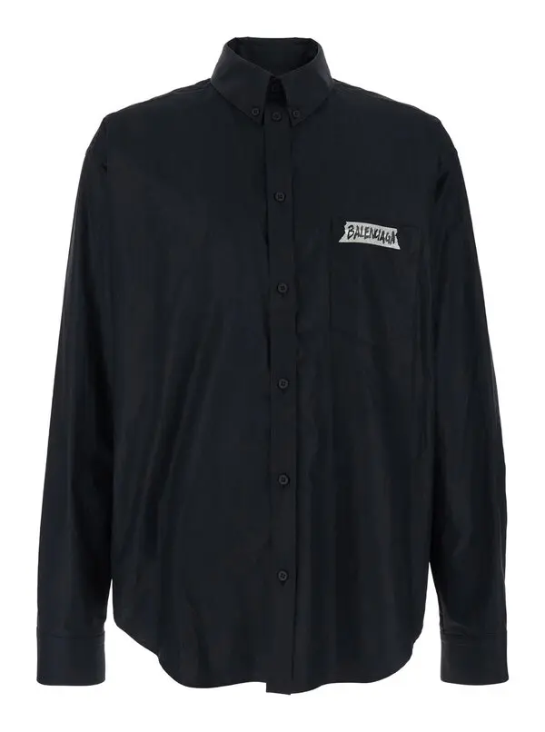 Balenciaga Black Shirt With Button-down Collar And Logo On Front And Back In Cotton