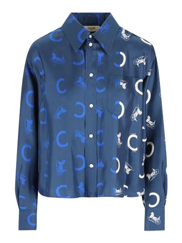 Celine Cropped Silk Shirt With Iconic Print - Multicolor