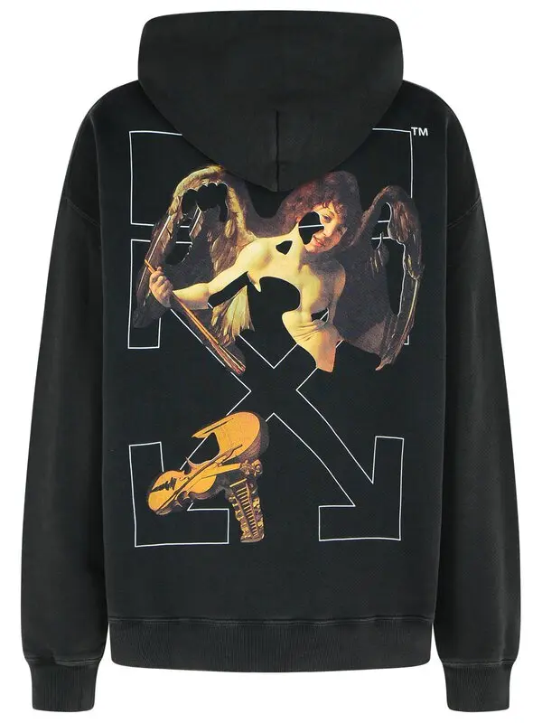 Off-White Cotton Hoodie With Cupid Arrow Print - Black