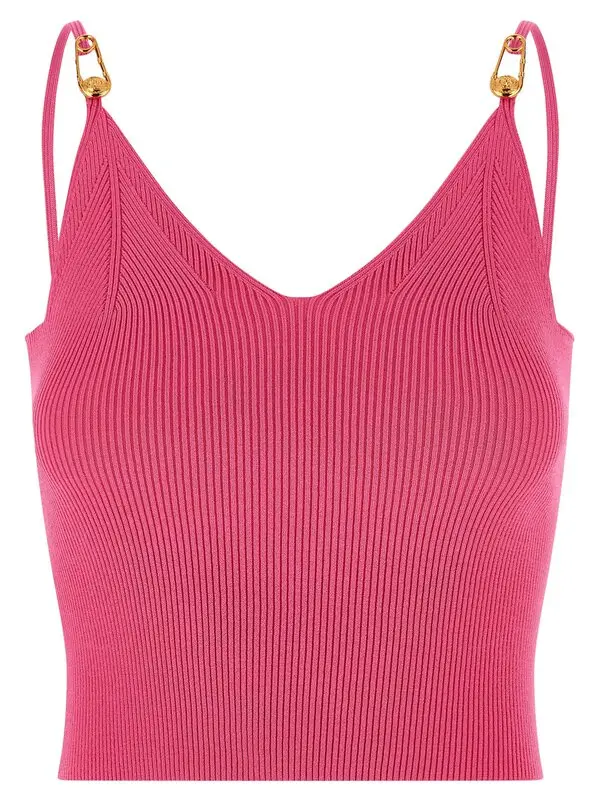 Versace Safety Pin Stretch Ribbed Knit Crop Top - Pink