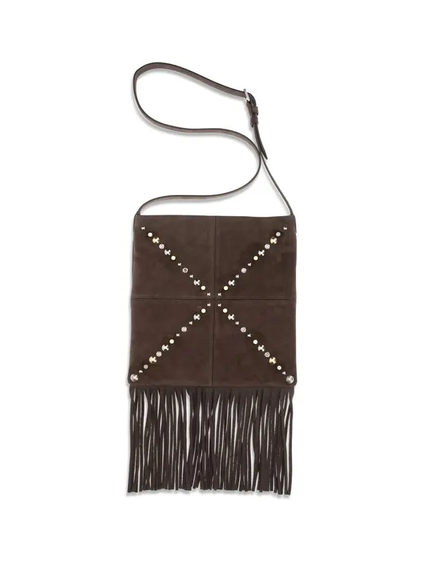 Valentino Garavani Suede Shoulder Bag With Fringe And Studs - Brown
