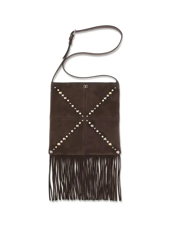 Valentino Garavani Suede Shoulder Bag With Fringe And Studs - Brown