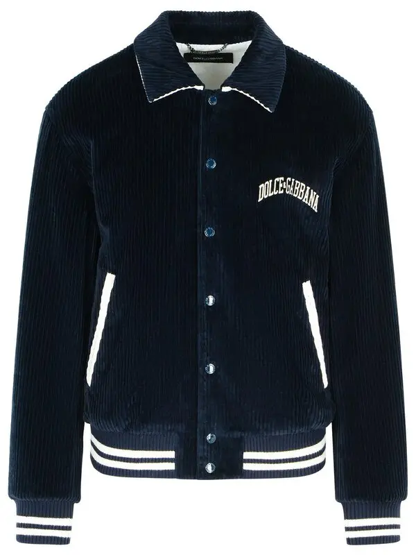 Dolce & Gabbana Navy Corduroy Bomber Jacket With Contrast Embroidery - Blue