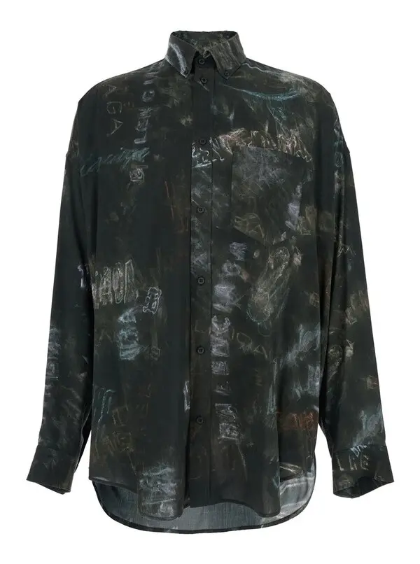 Balenciaga Black Shirt With All-over Print In Viscose - Multicolor