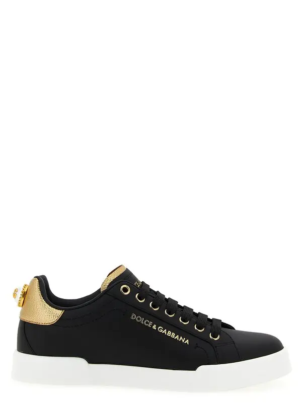 Dolce & Gabbana Portofino' Leather Sneakers With Pearl Logo Detail - Black