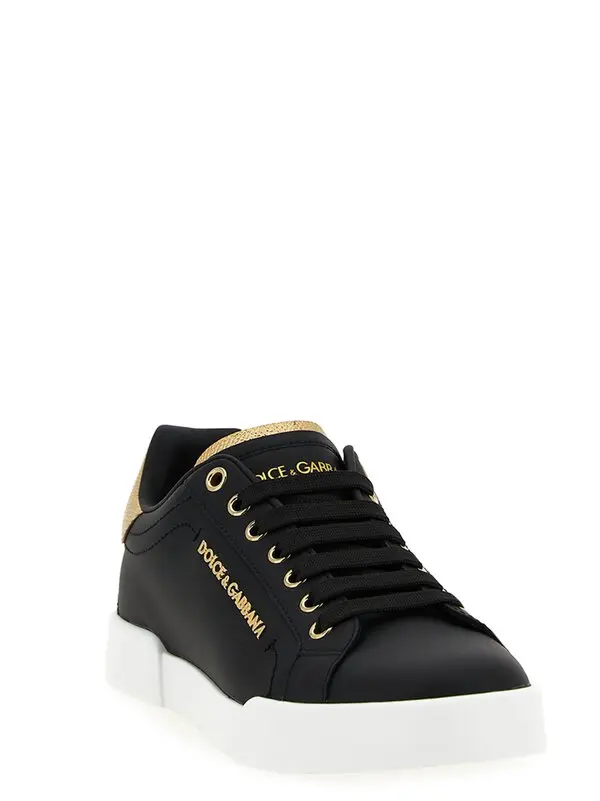 Dolce & Gabbana Portofino' Leather Sneakers With Pearl Logo Detail - Black