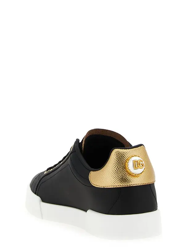 Dolce & Gabbana Portofino' Leather Sneakers With Pearl Logo Detail - Black