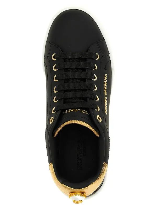 Dolce & Gabbana Portofino' Leather Sneakers With Pearl Logo Detail - Black