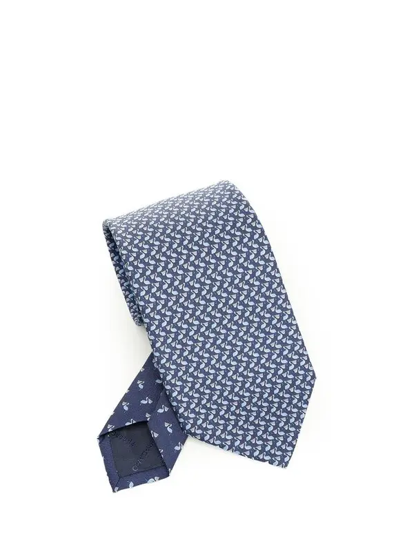 FERRAGAMO Silk Neck Tie With Pelican Print - Blue