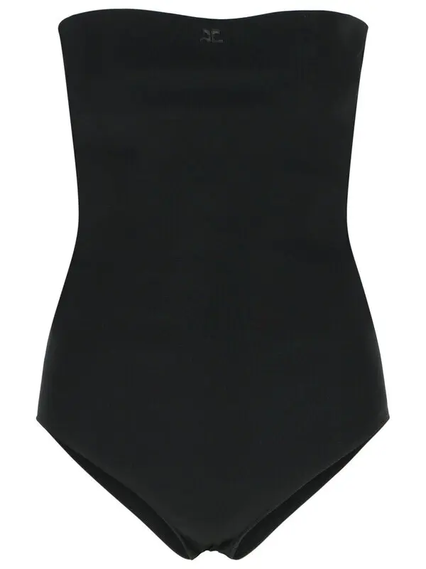 COURREGES Viscose Blend Strapless Bodysuit With Embroidered Logo - Black