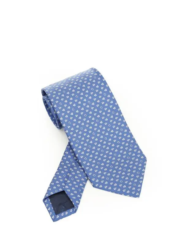 FERRAGAMO Silk Neck Tie With Paper Airplane And Gancini Pattern - Blue
