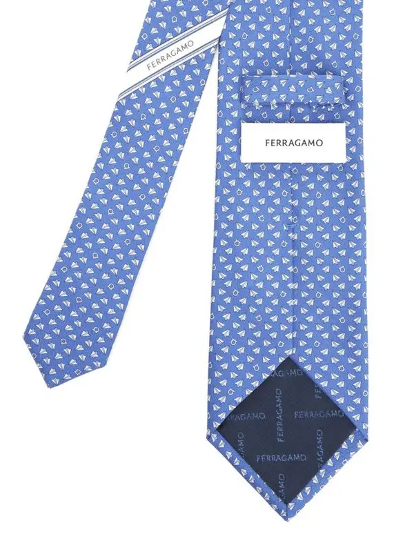 FERRAGAMO Silk Neck Tie With Paper Airplane And Gancini Pattern