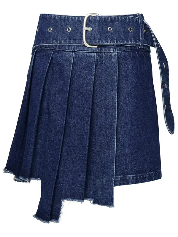 Off-White Pleated Denim Skirt With Stitched Belt - Blue