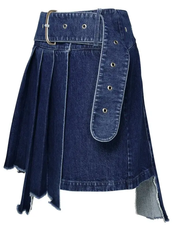 Off-White Pleated Denim Skirt With Stitched Belt
