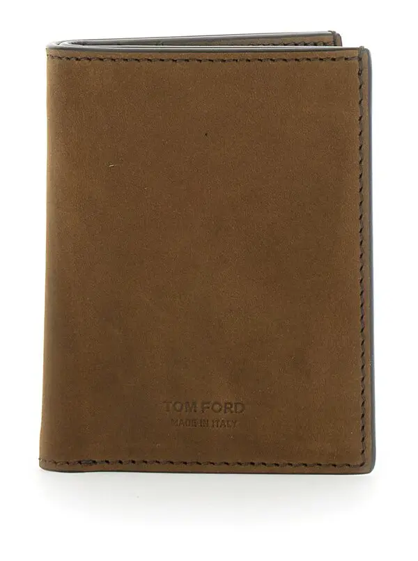 TOM FORD Leather Card Holder With Logo Lettering On The Front For - Brown