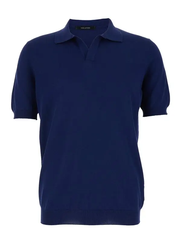 Tagliatore Blue Polo Shirt With Wide Collar In Cotton