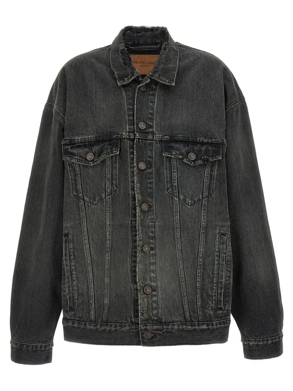 Balenciaga Distressed Denim Jacket With Logo Print - Gray