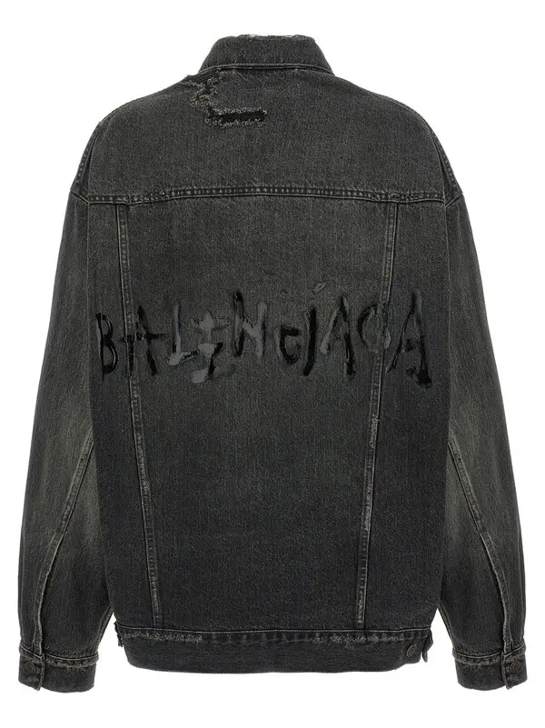 Balenciaga Distressed Denim Jacket With Logo Print