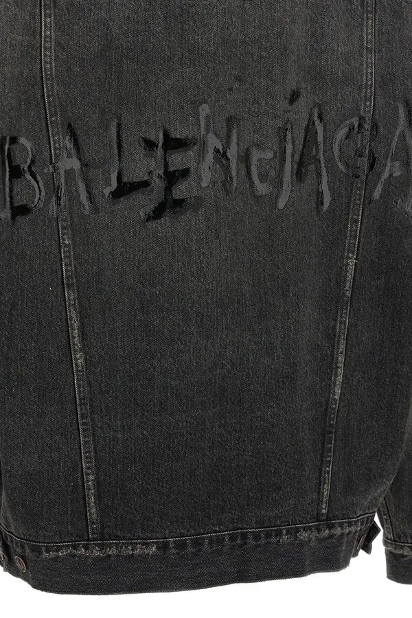 Balenciaga Distressed Denim Jacket With Logo Print