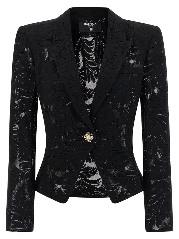 Balmain Lace Blazer With Chain Coin Button - Black