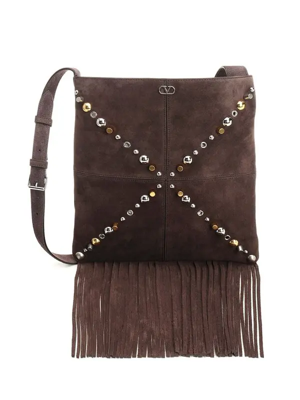 Valentino Garavani Suede Shoulder Bag With Studs And Fringe - Brown