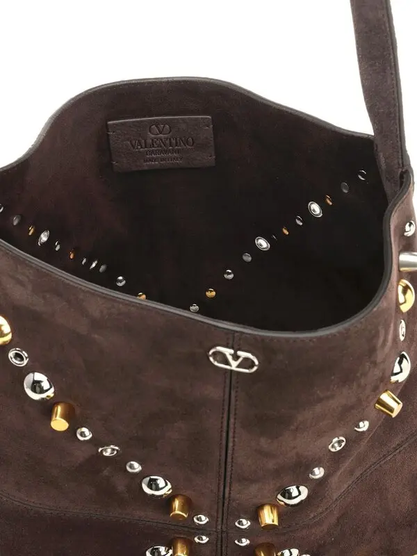 Valentino Garavani Suede Shoulder Bag With Studs And Fringe - Brown