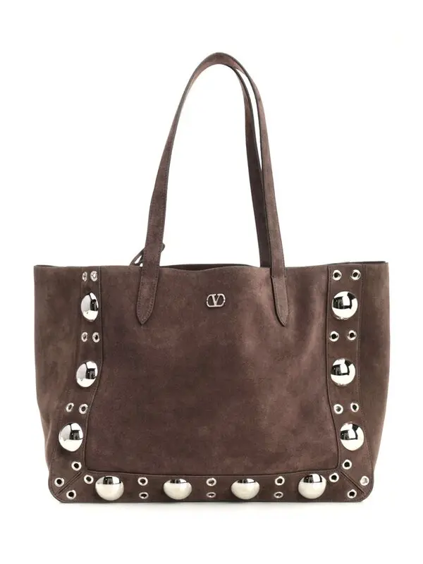 Valentino Garavani Medium Suede Shopping Bag With Sphere Studs - Brown