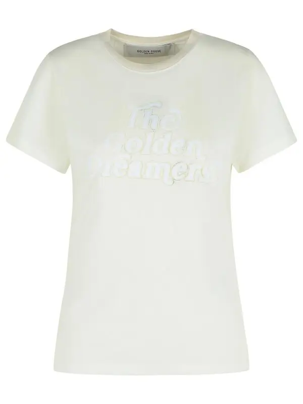 GOLDEN GOOSE White Viscose Blend T-shirt With Front Print - Cream