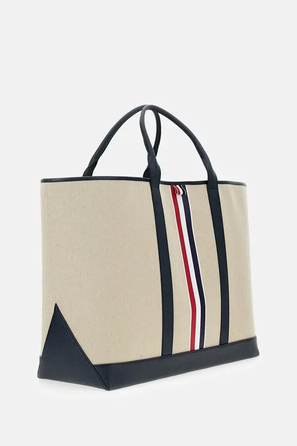 Thom Browne Oversized Cotton Canvas Tote Bag With Calf Leather Trim
