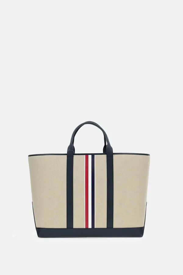 Thom Browne Oversized Cotton Canvas Tote Bag With Calf Leather Trim