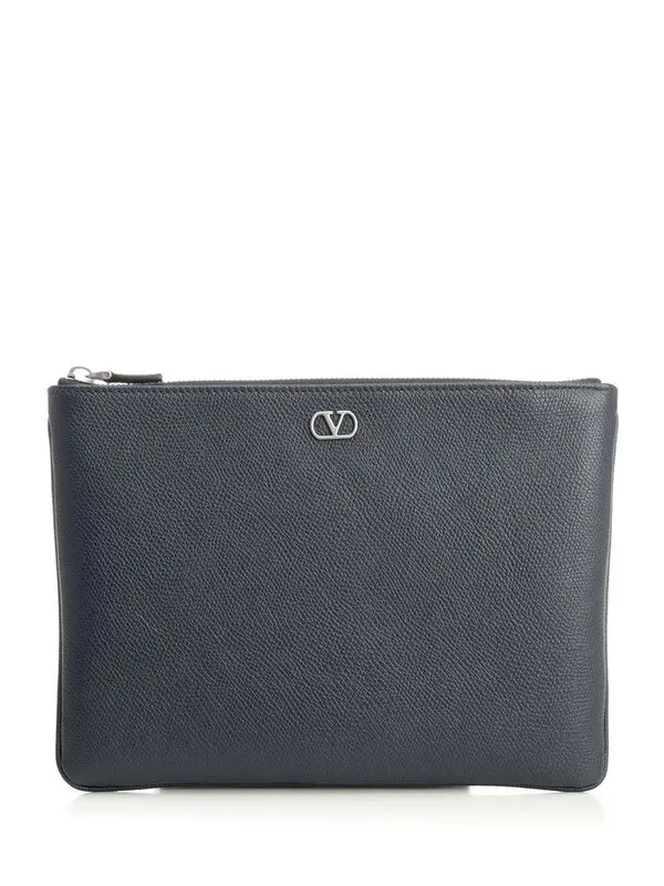 Valentino Garavani Vlogo Signature Pouch In Grained Calfskin - Blue