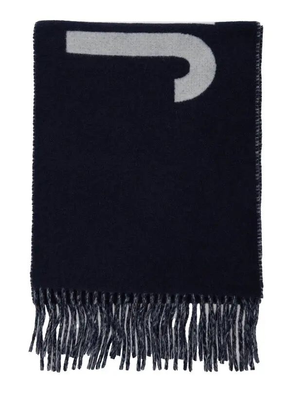 Jacquemus L'echarpe Blue Scarf With Maxi Logo Lettering And Fringed Hem In Wool - Multicolor