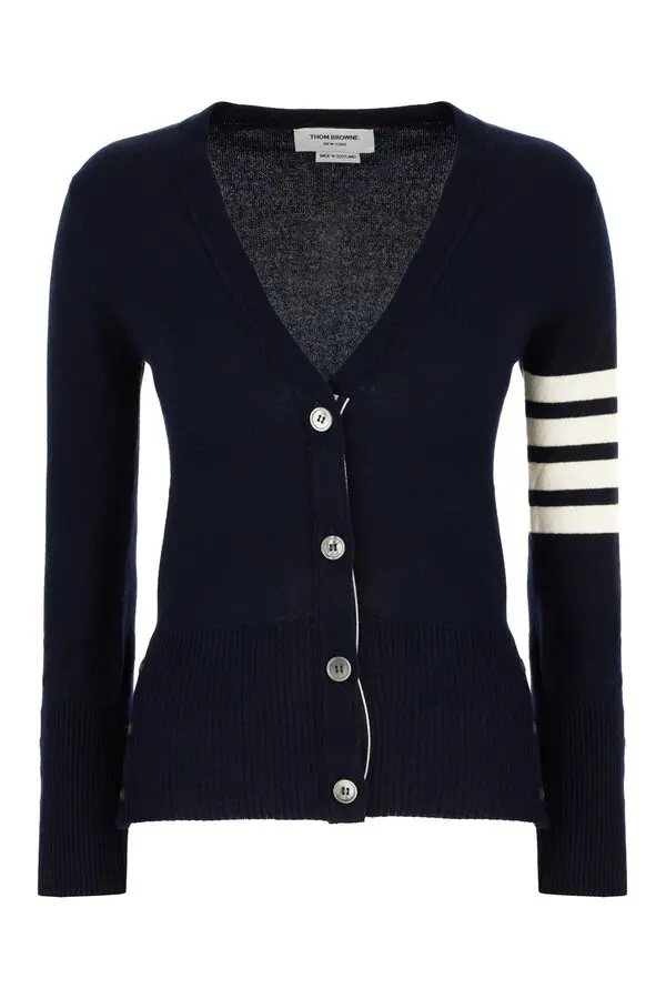 Thom Browne Ribbed V-neck Cardigan With Striped Sleeves
