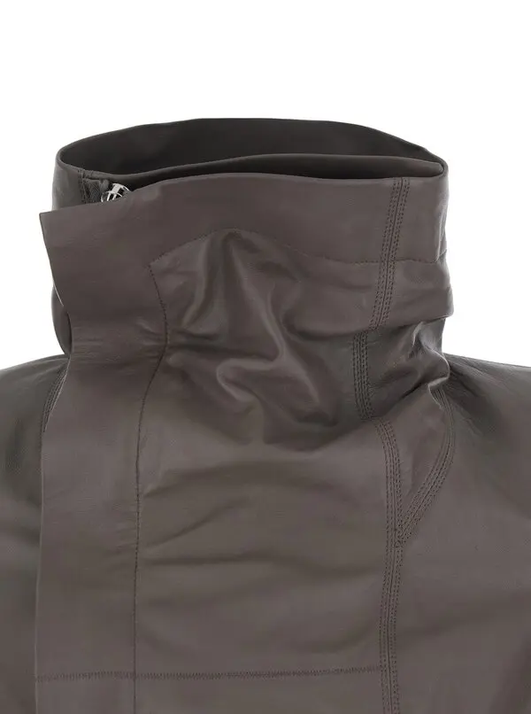 Rick Owens Asymmetrical Leather Jacket With High Collar - Gray