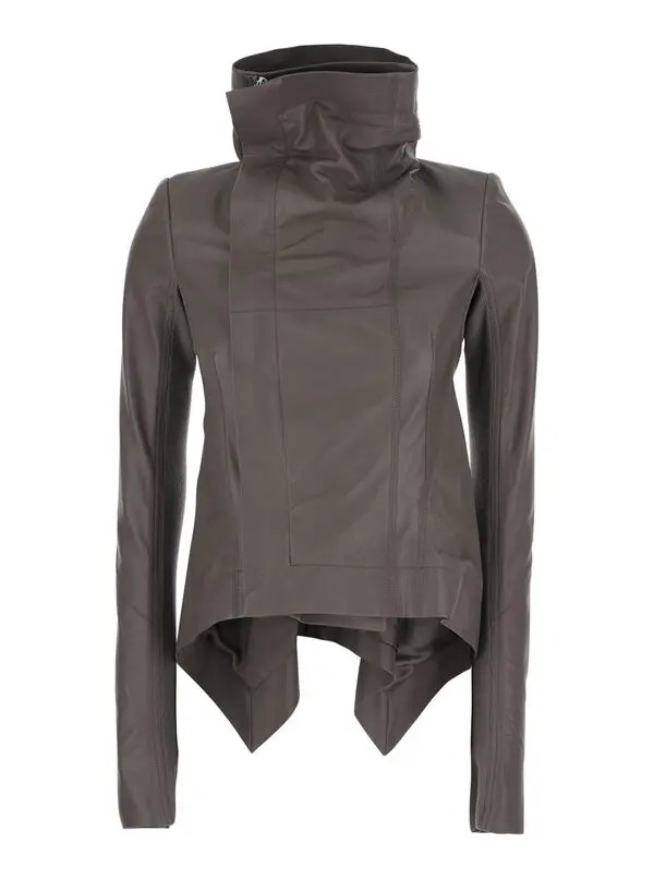 Rick Owens Asymmetrical Leather Jacket With High Collar - Gray